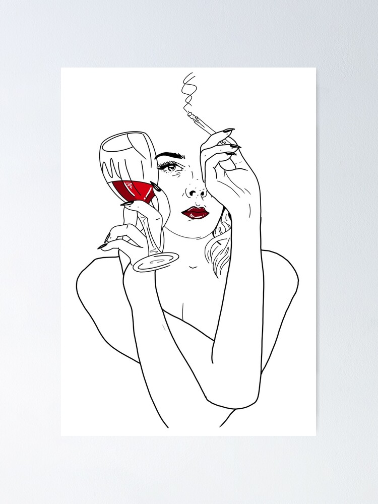 "Amber line art : Classy woman smoking drinking wine" Poster for Sale ...