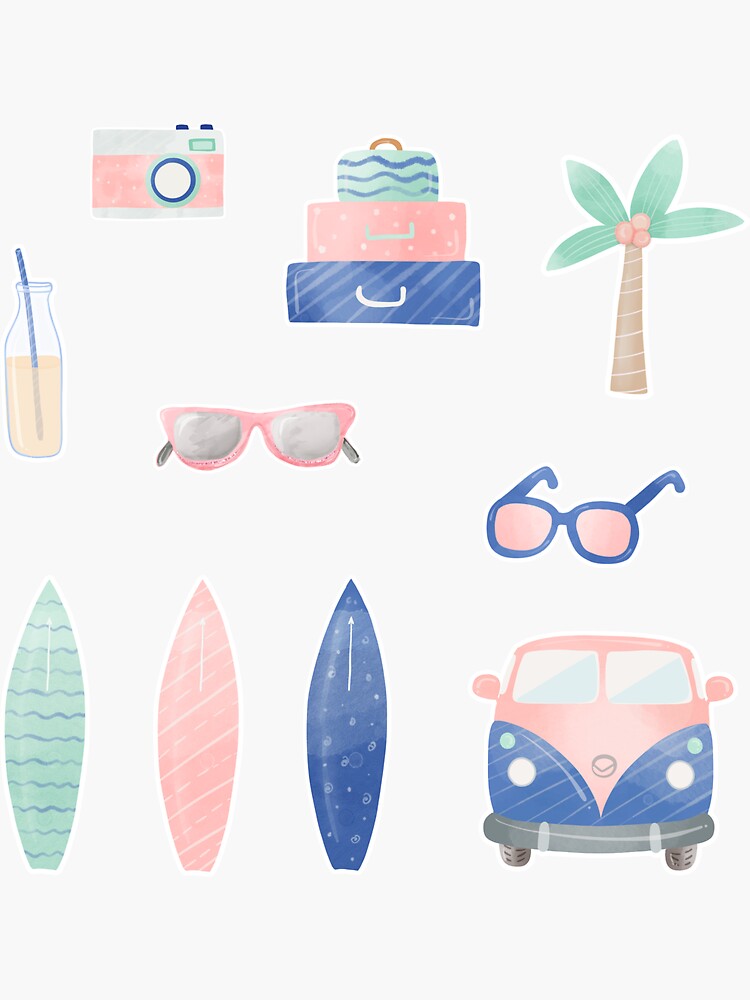"Cute Vacation Stickers Painting in Blue, Green and Pink Color" Sticker ...