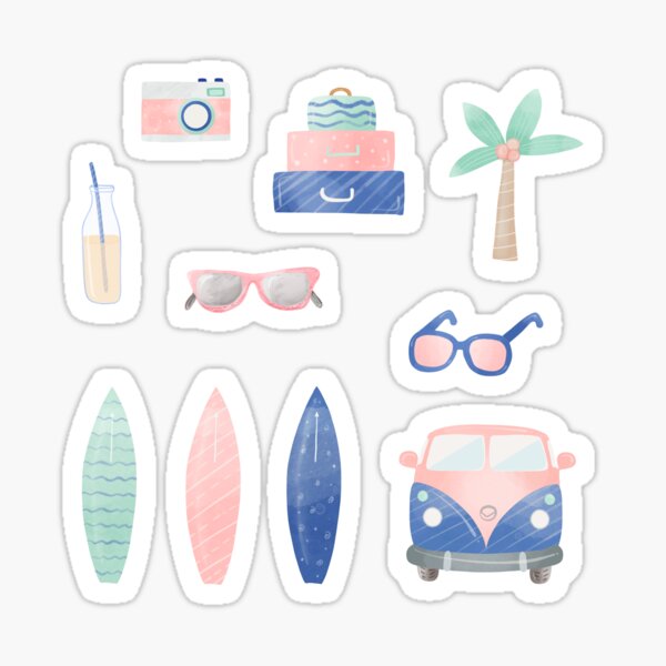 "Cute Vacation Stickers Painting in Blue, Green and Pink Color" Sticker ...