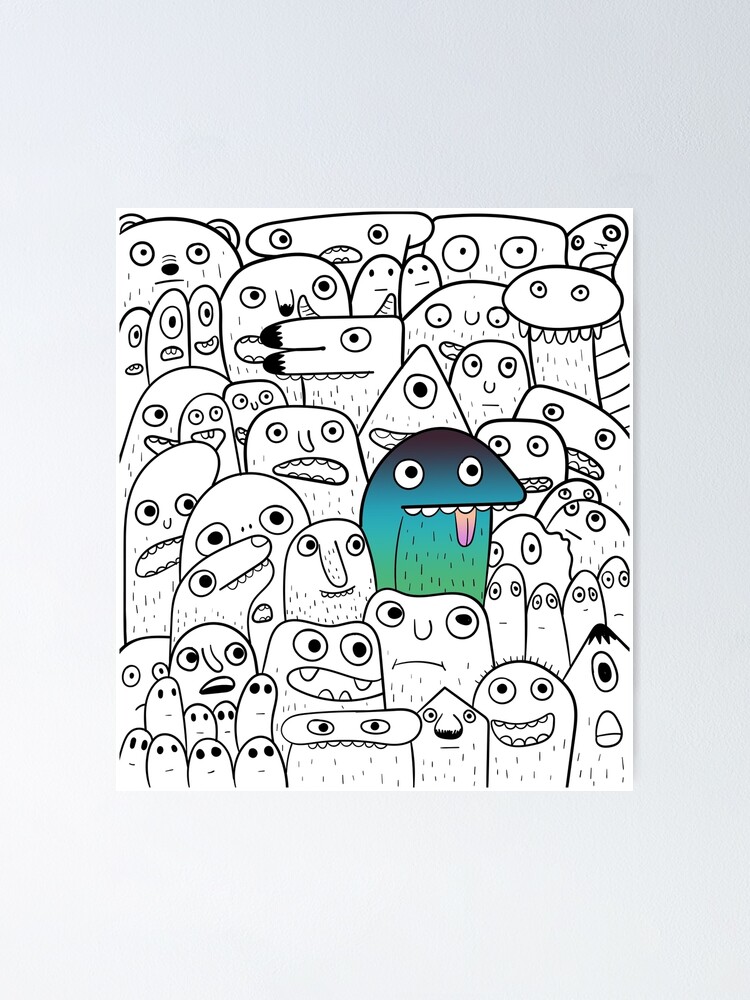 "Crowd of line drawn monsters. Blue green monster in the middle ...