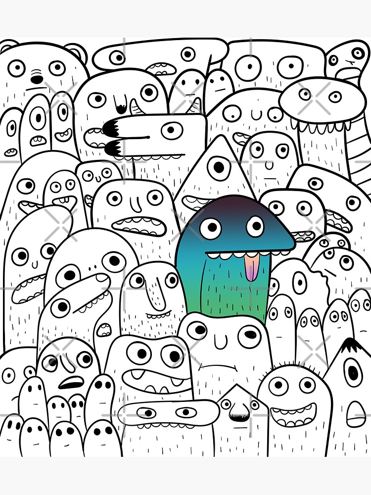 "Crowd of line drawn monsters. Blue green monster in the middle ...