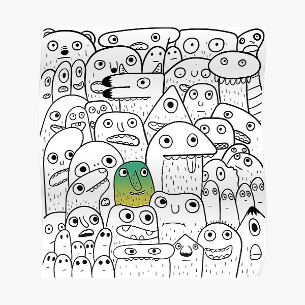 "Crowd of line drawn monsters. Yellow and green monster in the middle ...