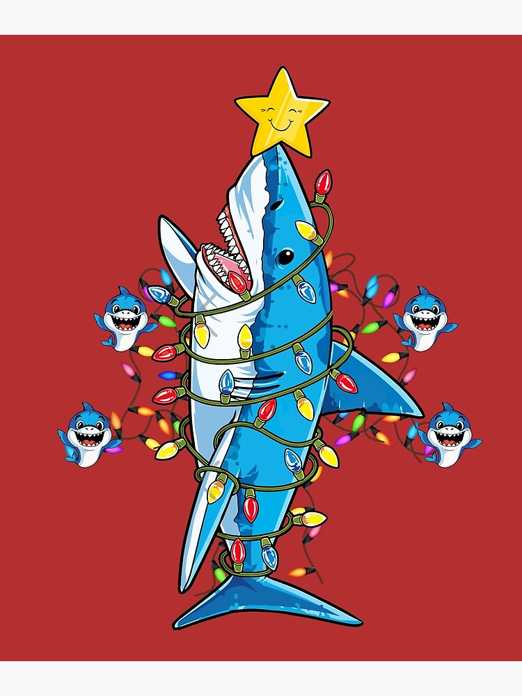 Póster «Divertido Tiburón Blanco Feliz Navidad Árbol Luces Peces Niños ...