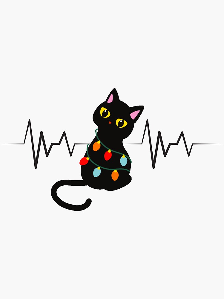 "Funny Black Cat in Christmas Lights Heartbeat Pulse Heart Line ECG ...