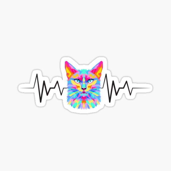 "Colorful Neon Digital Cat Head Heartbeat Pulse Heart Line ECG" Sticker ...