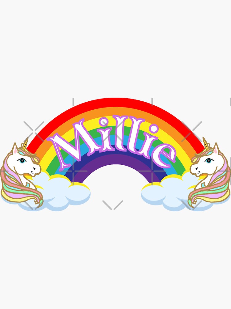 "Millie - rainbow and unicorns name plate" Sticker for Sale by ...