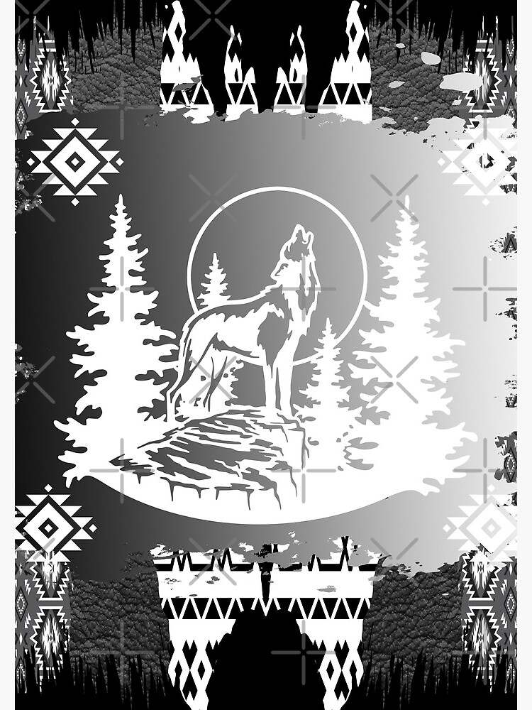 "Wolf Howling With Tribal Symbols Pattern In Black And White Aztec ...