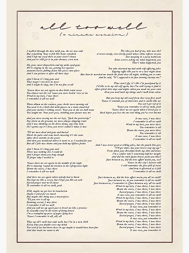 "All Too Well Lyric" Poster for Sale by Isabella-Menzel | Redbubble