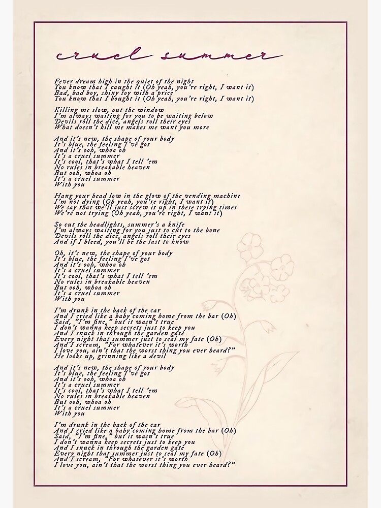 "cruel summer lyric" Art Print for Sale by Isabella-Menzel | Redbubble