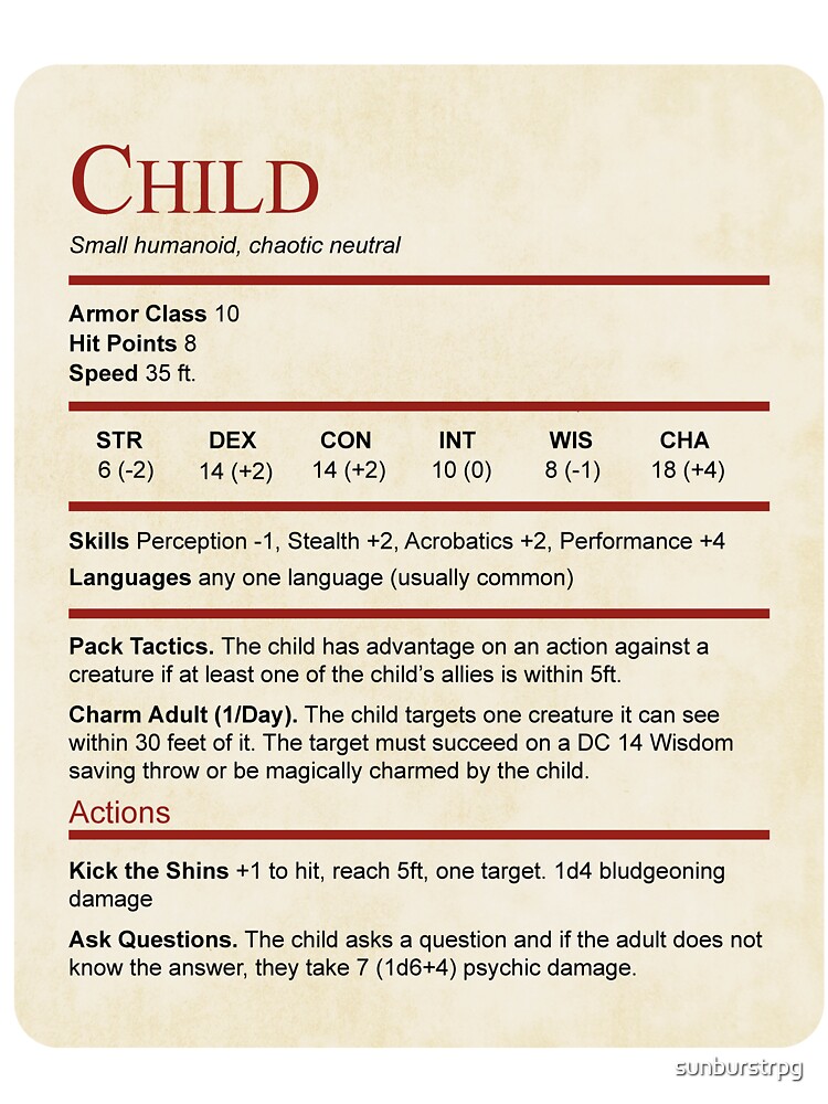 "D&D Child Stat Block" Kids T-Shirt for Sale by sunburstrpg | Redbubble