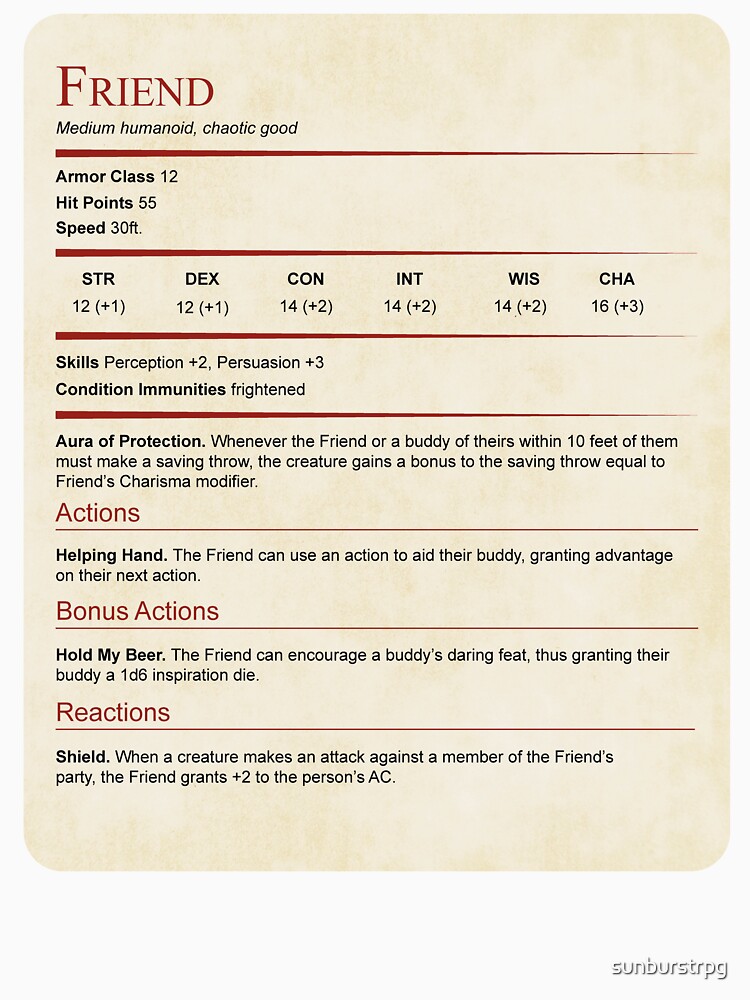 "D&D Friend Stat Block for Gift" T-shirt for Sale by sunburstrpg ...