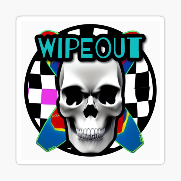 "Wipeout surf skull 1980s retro checkered flag art print" Sticker for ...
