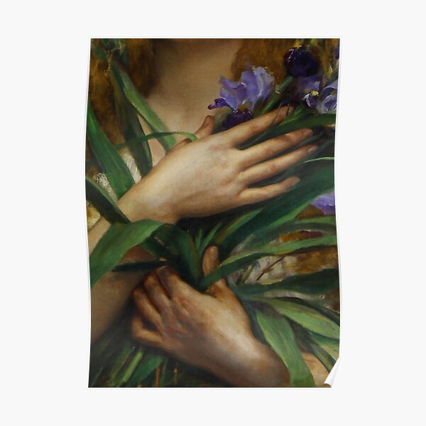 "Woman Holding Iris flowers, French Pre-Raphaelite painting" Poster by ...