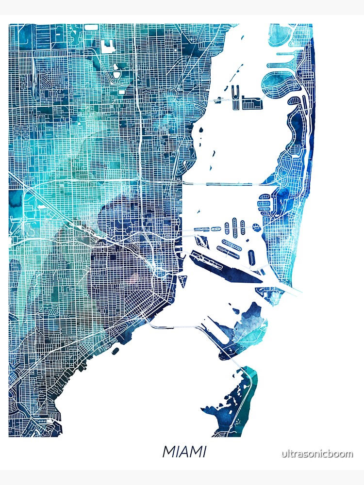 Sticker « Carte de la ville de Miami Bleu marine Turquoise Aquarelle ...