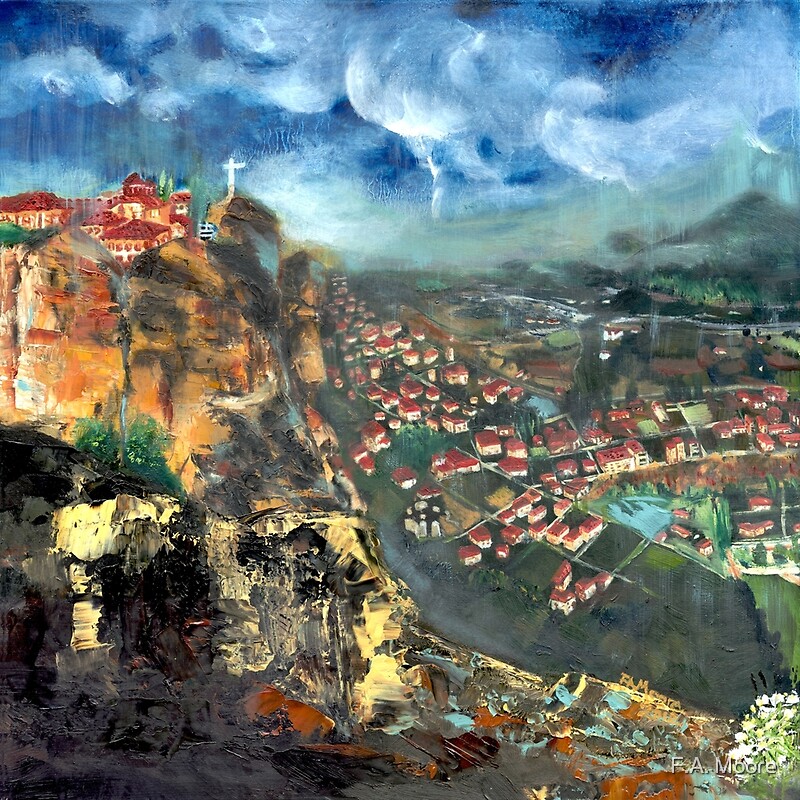 "Thunderstorm over Meteora, Greece." by F.A. Moore | Redbubble