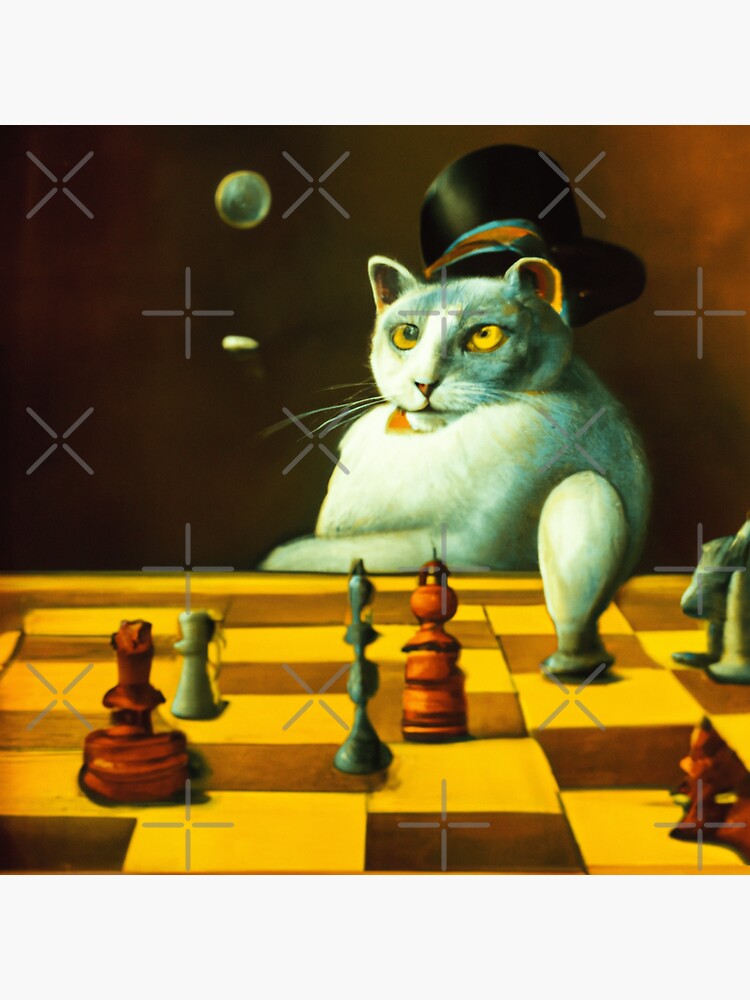 "Crazy Surreal Chess Match, Cat Plays Chess Game, Surrealist Digital Art" Sticker for Sale by ...
