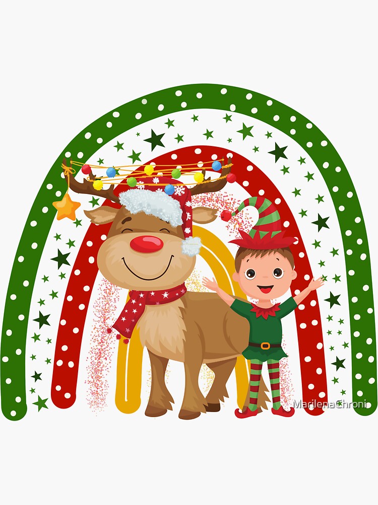 "Merry Christmas - Christmas rainbow - reindeer and elf" Sticker for ...