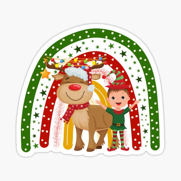 "Merry Christmas - Christmas rainbow - reindeer and elf" Sticker for ...