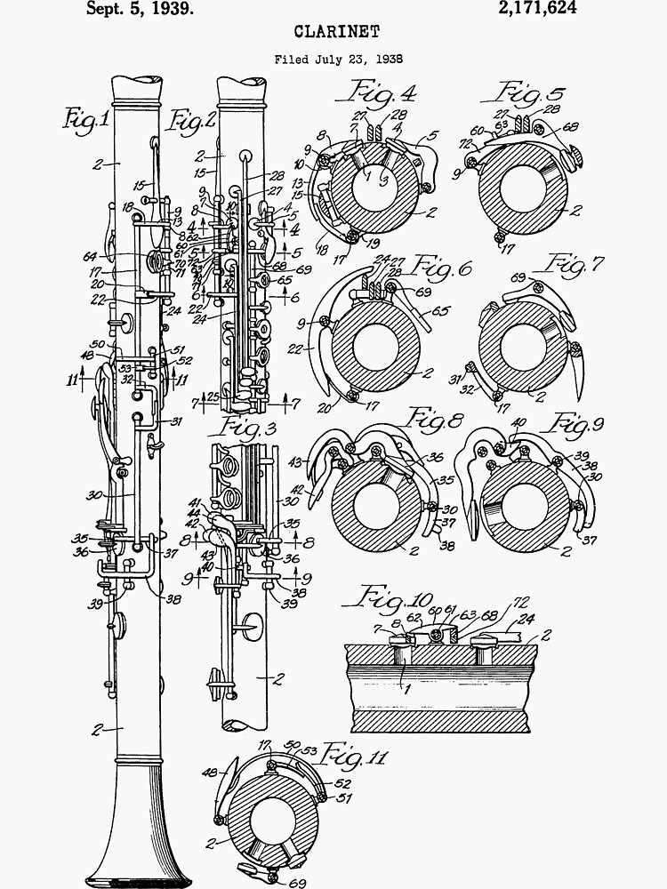 "Clarinet Blueprint Design Shirt - Vintage Marching Band Tee" Sticker ...