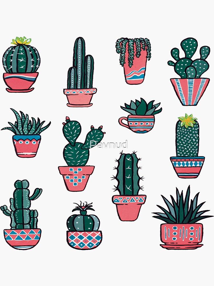 "Cacti in Coral Pots" Sticker for Sale by Pavnud | Redbubble