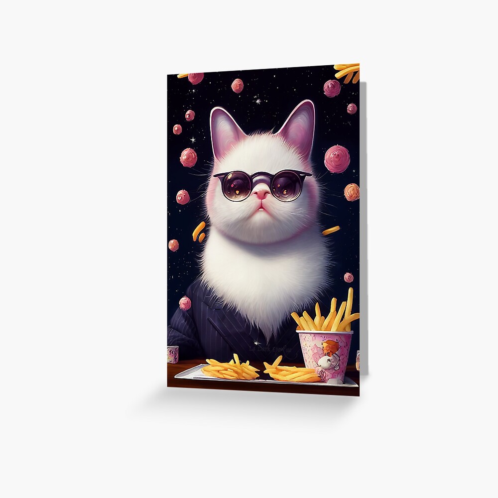"Cute kawaii cat with sunglasses eating French fries" Greeting Card for ...