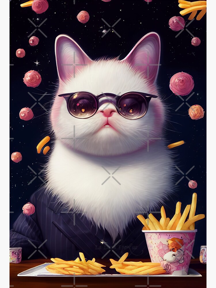 "Cute kawaii cat with sunglasses eating French fries" Sticker for Sale ...