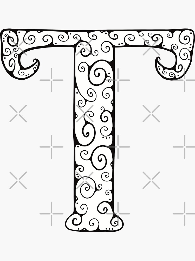 "Capital Letter T - black line drawing spirals - white background ...