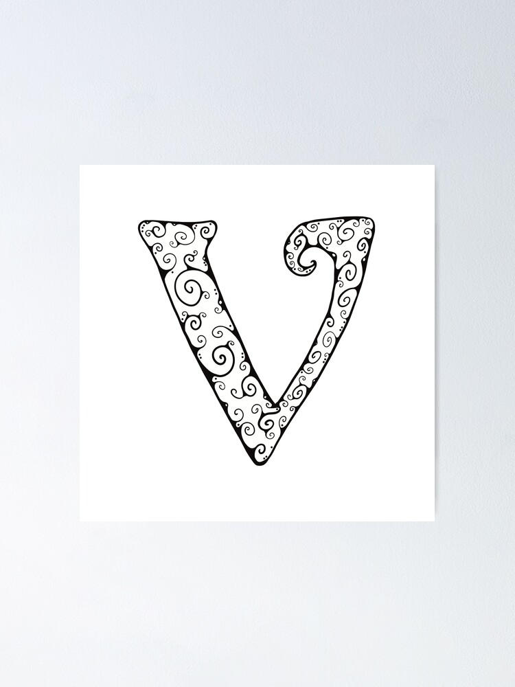 "Capital Letter V - black line drawing spirals - white background ...
