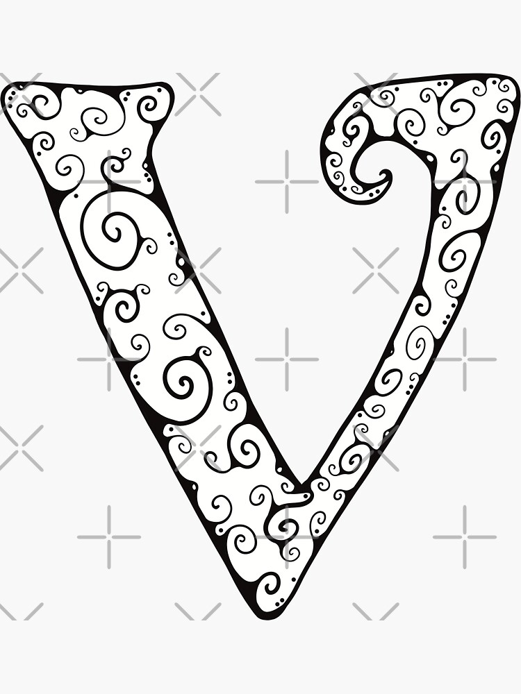 "Capital Letter V - black line drawing spirals - white background ...
