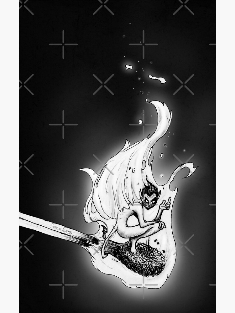 "Demon creature in fiery match stick (Black and white)" Sticker for ...