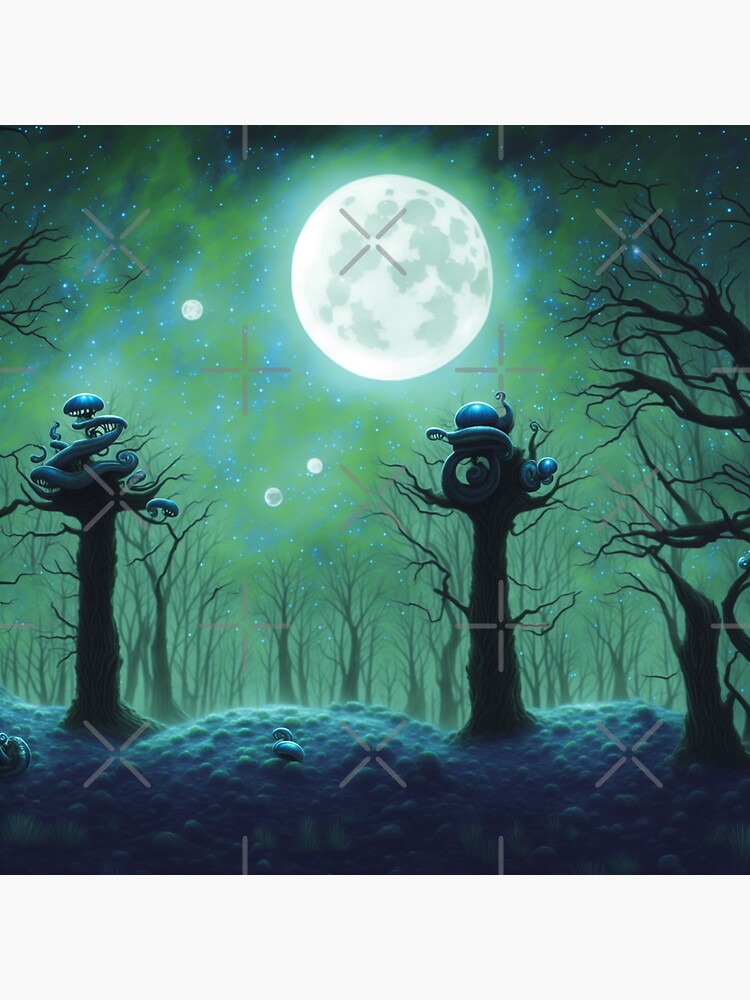 "Moonlit and foggy alien planet landscape with little alien snails ...