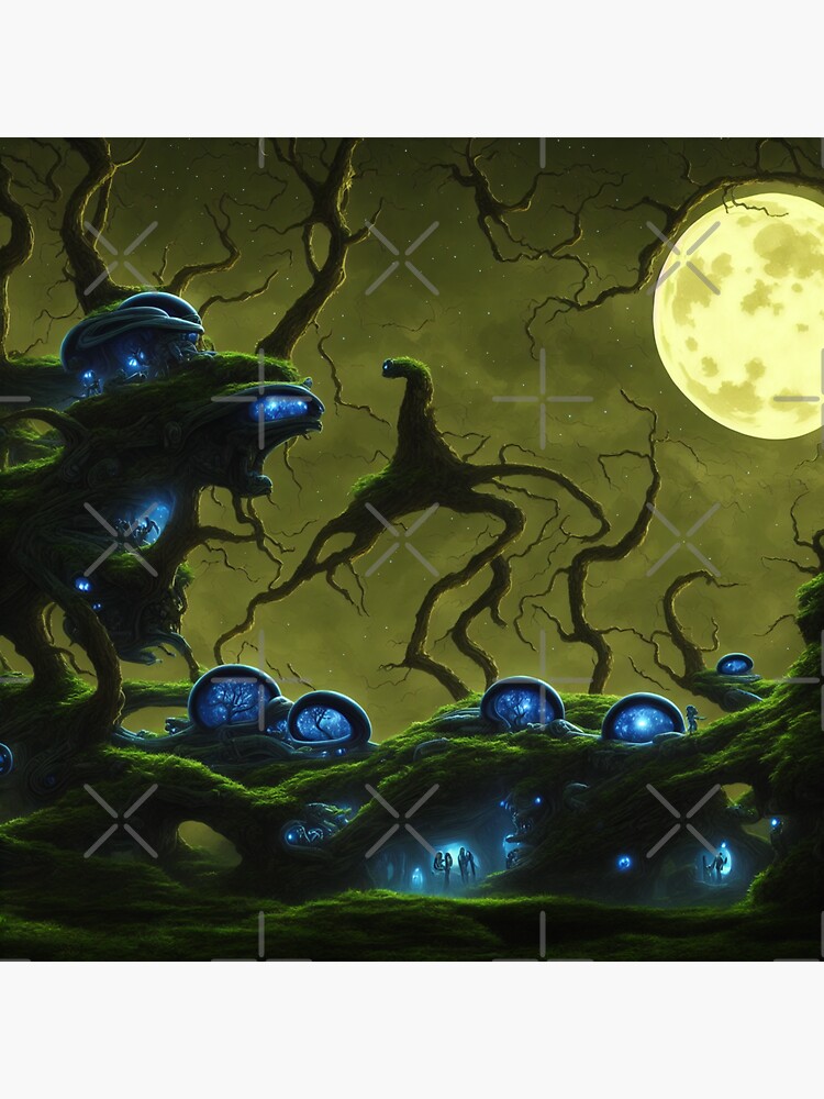 "Alien planet landscape with glowing grottos, monster trees and starry ...