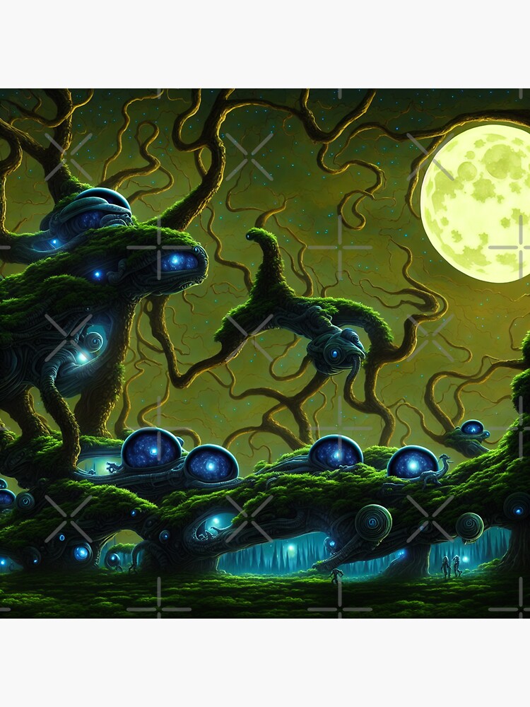 "Alien planet landscape with glowing grottos, monster trees and starry ...