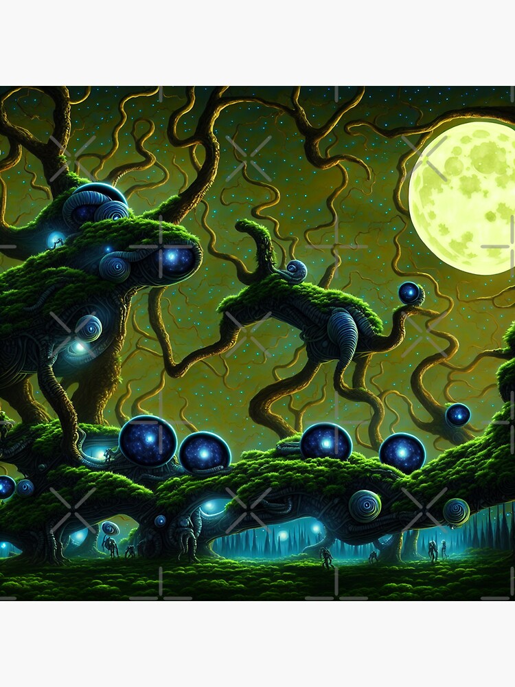 "Alien planet landscape with glowing grottos, monster trees and starry ...