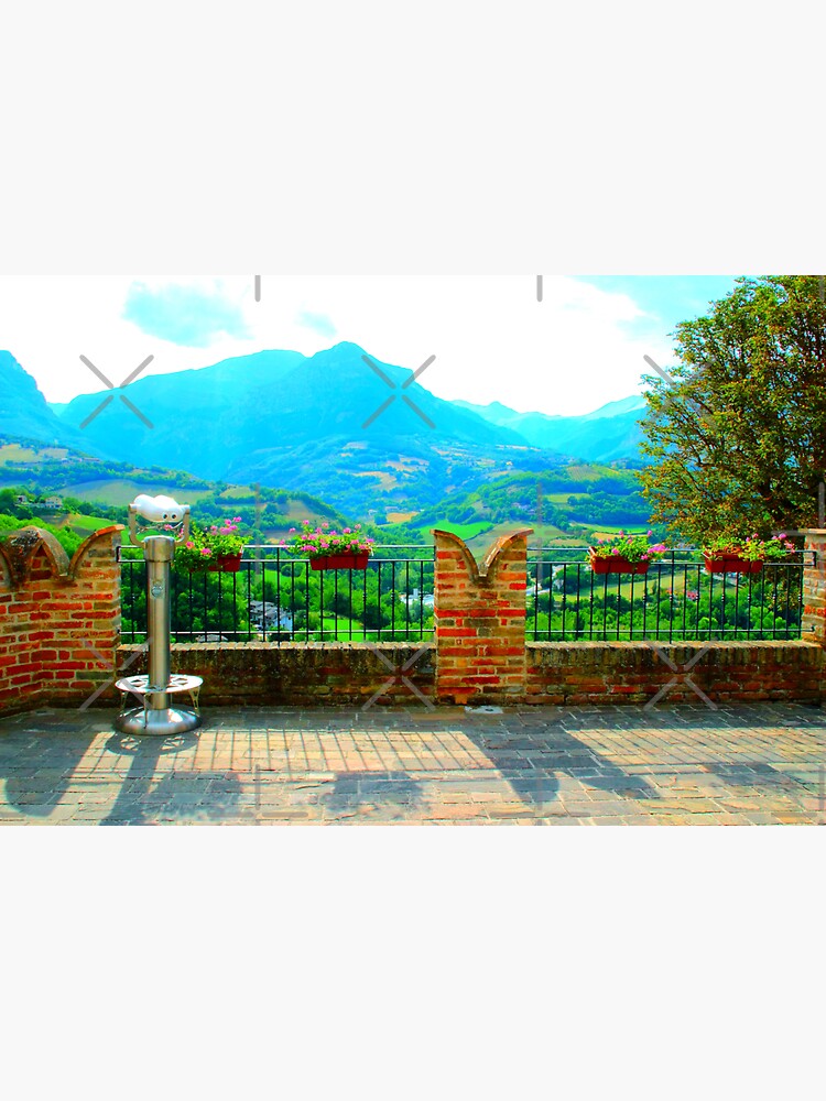 "View from Montefortino at town belvedere with merlons, barriers, vases ...