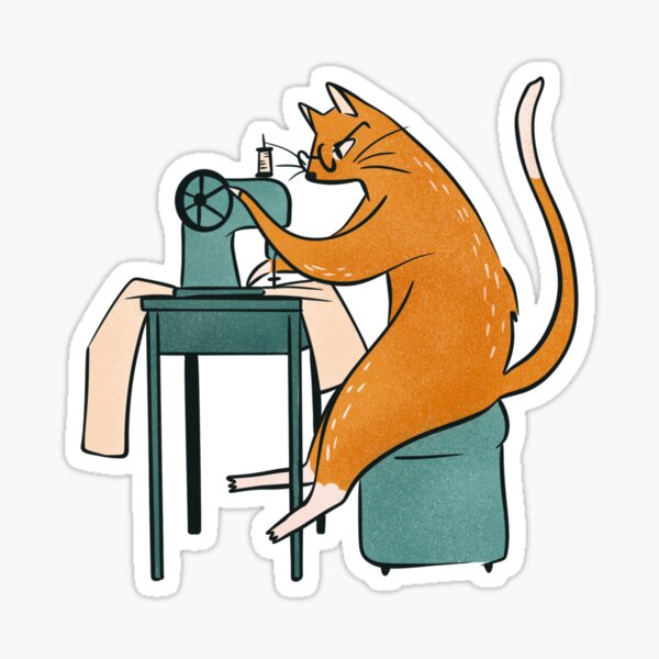 "Cat on a Sewing Machine" Sticker for Sale by fluffyPawpet | Redbubble
