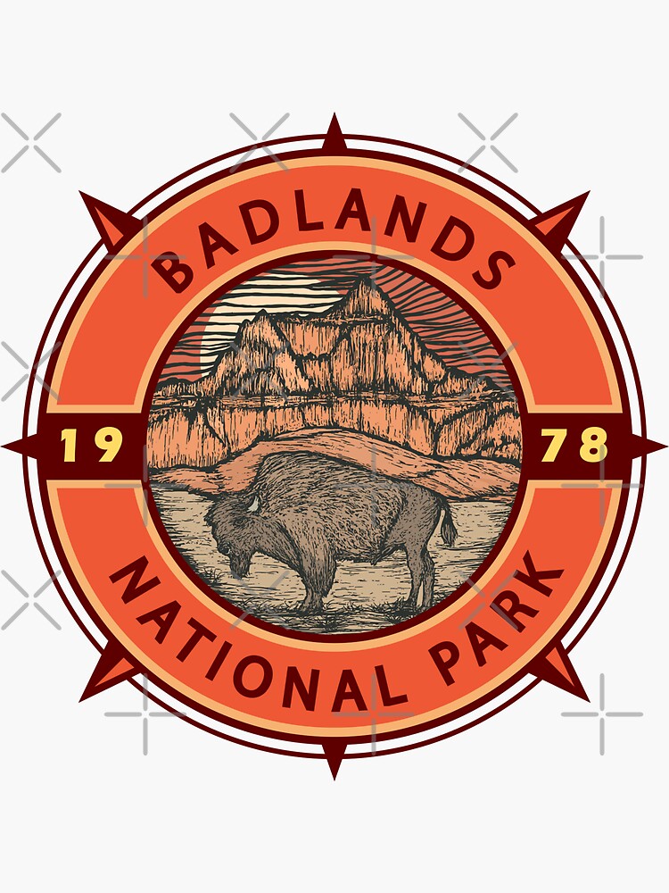 "Badlands National Park Buffalo Retro Compass Emblem" Sticker for Sale ...