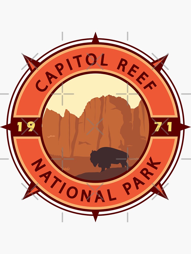 "Capitol Reef National Park Bison Retro Compass Emblem" Sticker for ...