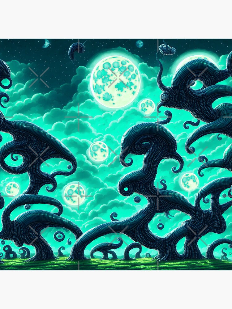 "Alien planet landscape with monster tentacle-trees letting spores out ...
