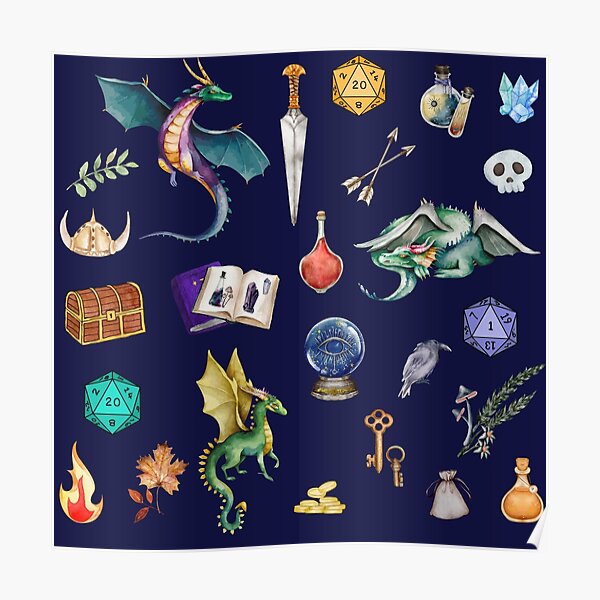 "Dungeons and Dragons pattern, geeky dnd fantasy pattern, watercolor ...
