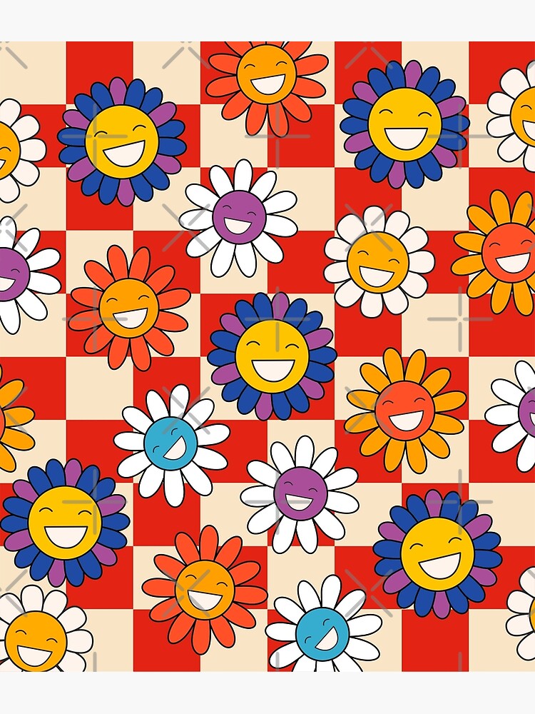 "Red Trippy Smiley Flowers" Poster for Sale by MaiZephyr | Redbubble