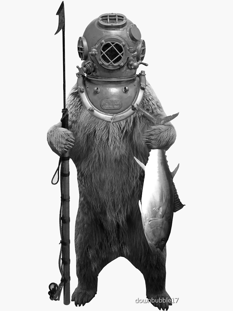 "Deep Sea Diver Grizzly Bear with Harpoon and Tuna" Sticker by ...