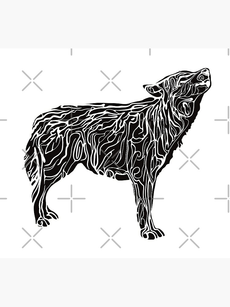 Poster « Dessin au trait bouclé noir et blanc de loup hurlant », par ...