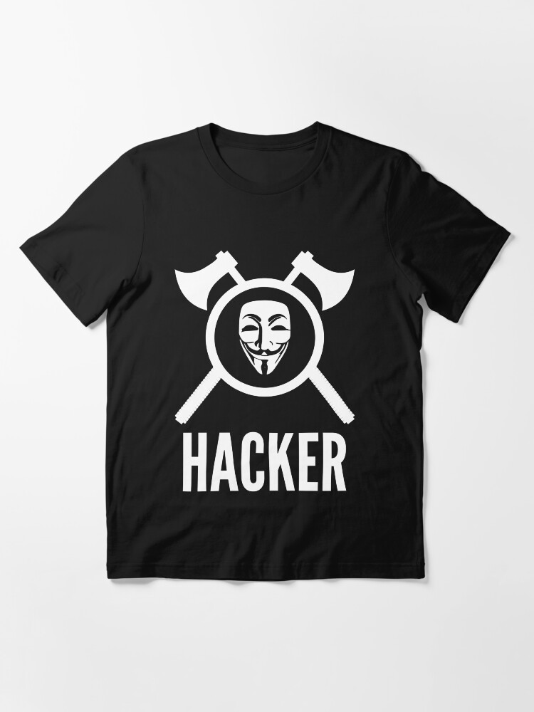 "Hacker with crossed axes, shield and Guy Fawkes mask" T-shirt for Sale ...