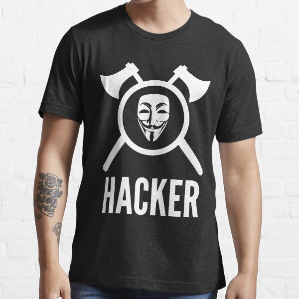 "Hacker with crossed axes, shield and Guy Fawkes mask" T-shirt for Sale ...
