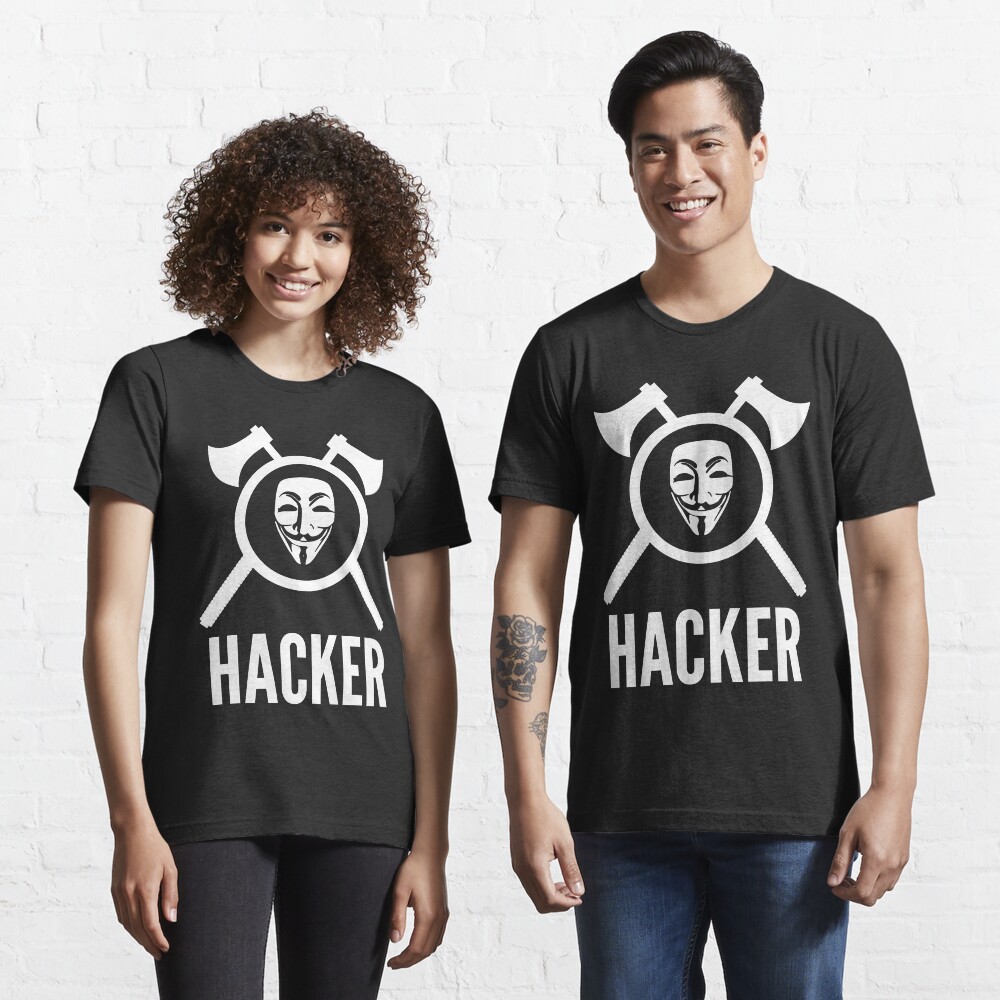 "Hacker with crossed axes, shield and Guy Fawkes mask" T-shirt for Sale ...