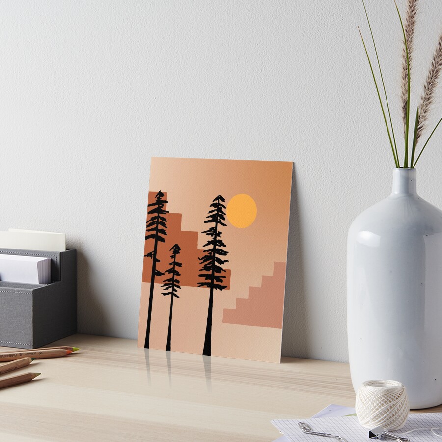 "Boho shapes with gradient background and black pine trees silhouette ...