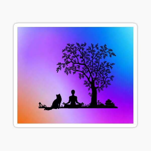 "Zen - Meditation Under A Tree - Cat And Human - COLOR" Sticker for ...