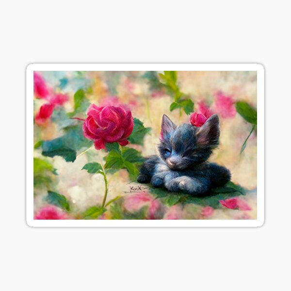 "Cute Kitty Cat in Roses #34" Sticker for Sale by MyArtonStuff | Redbubble