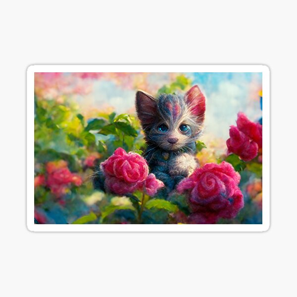 "Cute Kitty Cat in Roses #35" Sticker for Sale by MyArtonStuff | Redbubble